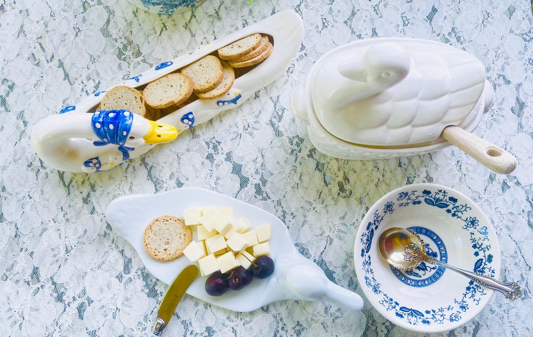 Vintage Duck Themed Serving Dishes. Cracker Tray, Cheese Board and Soup ...