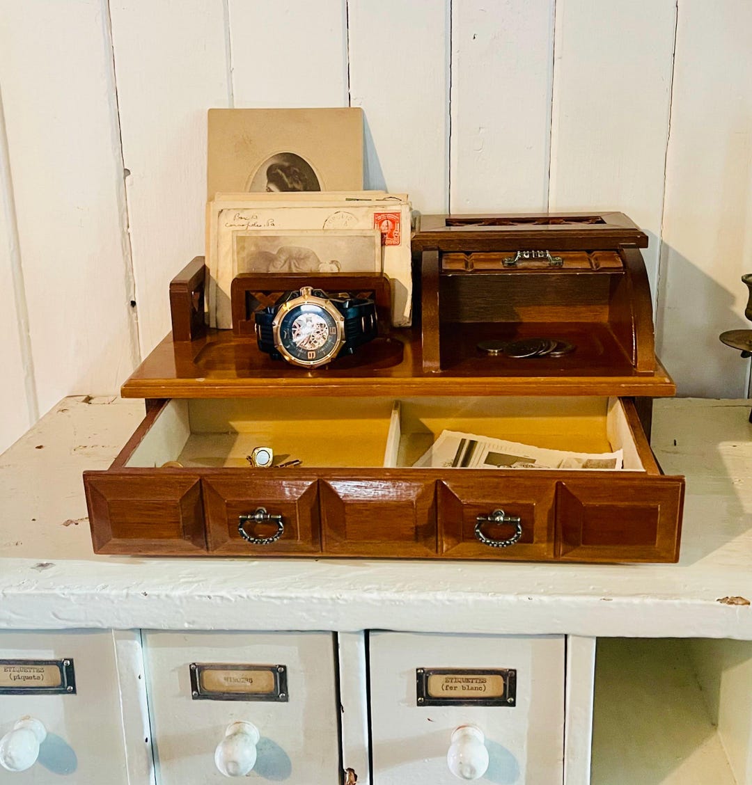 Vintage Wooden Men’s Valet Box, Drawers Lined With Cream Velvet ...