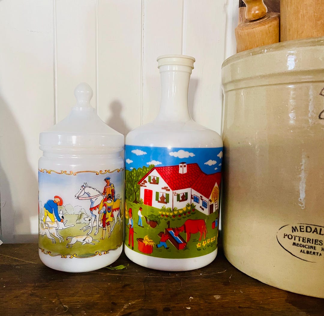Vintage Milk Glass Containers. 2L Milk Jug With Farm Scenery. Cookie ...