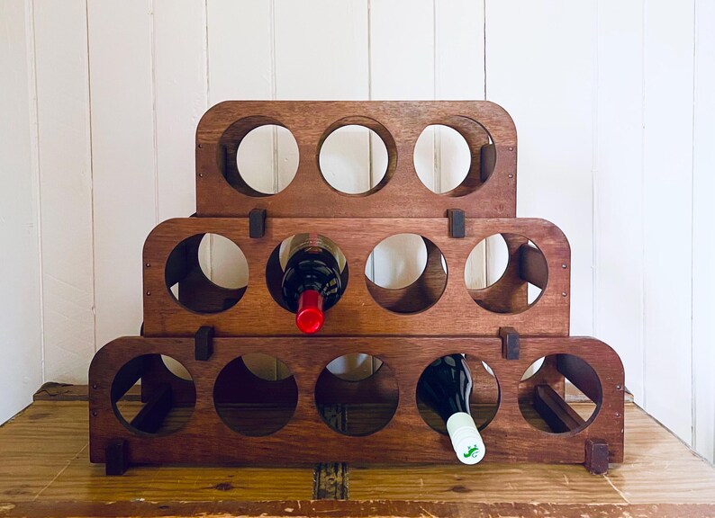 Mid Century Modern Wine Rack, 3 Tier, 12 Bottles. Dark Solid Wood ...