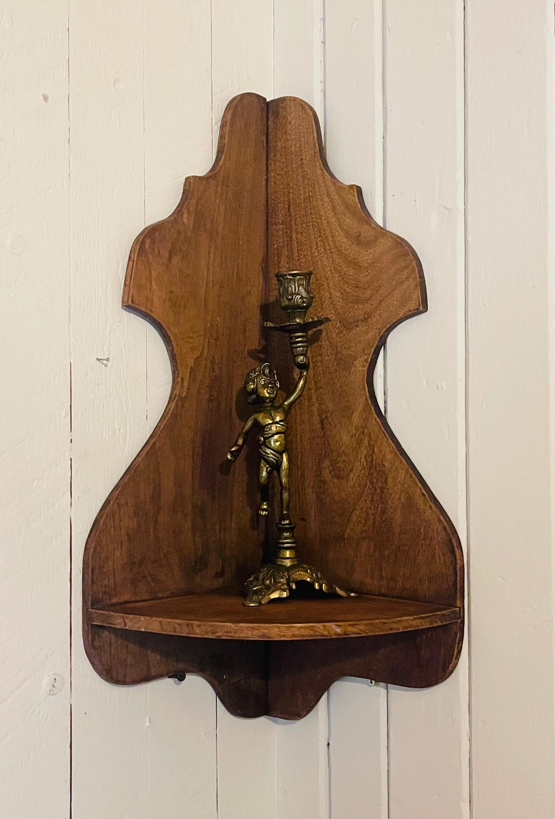 Antique Wooden Corner Shelf - Wall Mounted. Dark Wood Rustic Kitchen ...