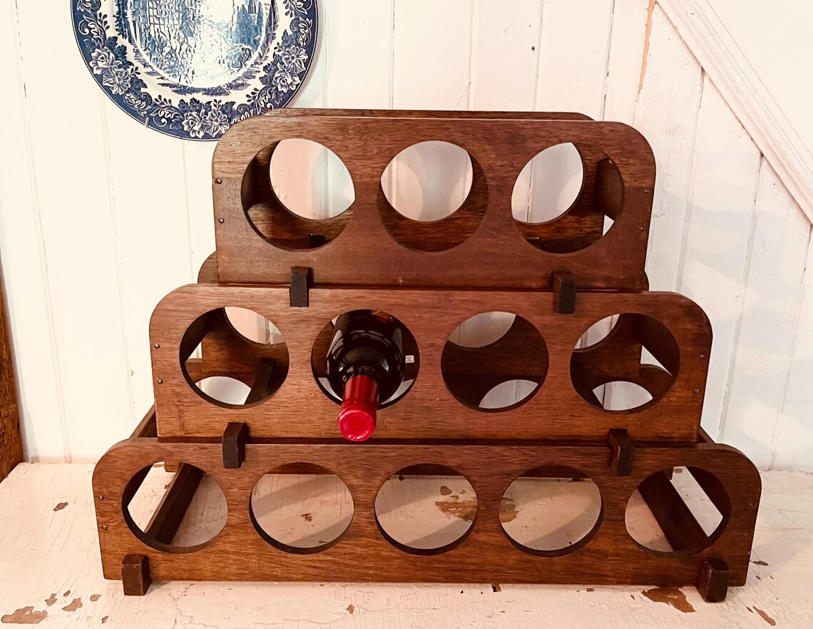Mid Century Modern Wine Rack, 3 Tier, 12 Bottles. Dark Solid Wood ...