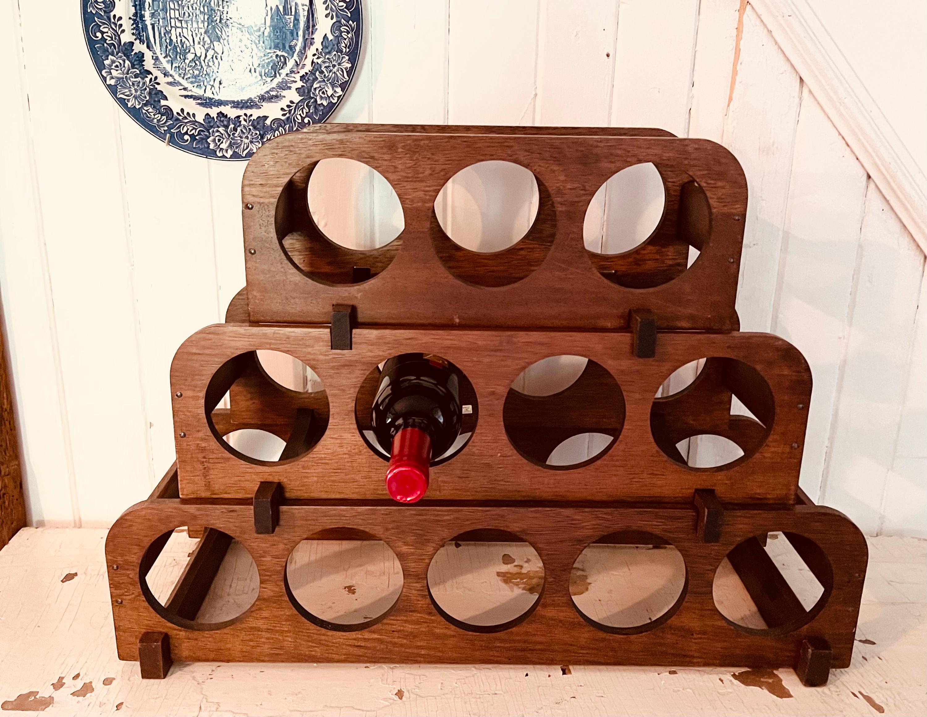 Mid Century Modern Wine Rack, 3 Tier, 12 Bottles. Dark Solid Wood ...