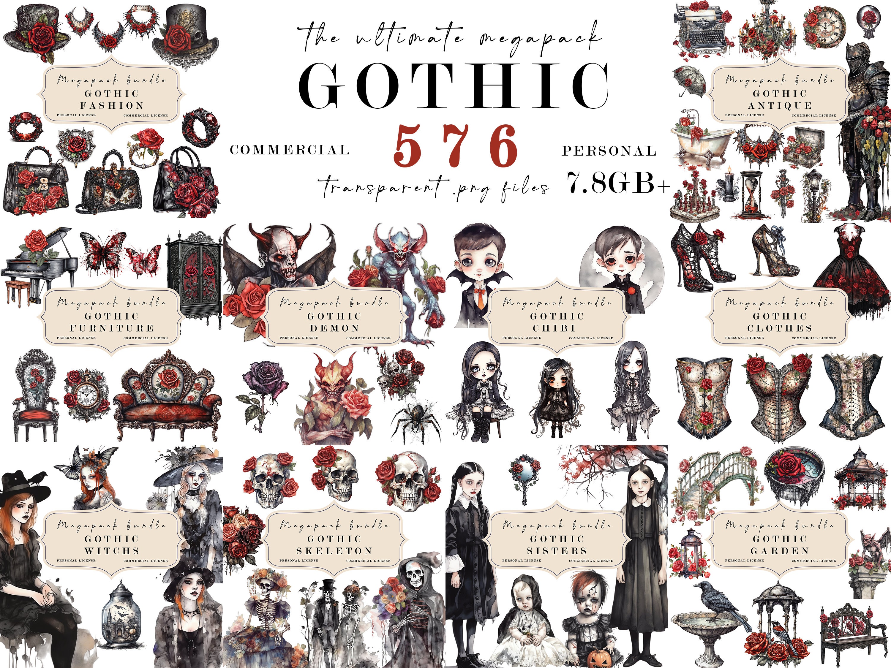 576 GOTHIC Clipart Bundle Gothic Graphics Clipart Watercolor - Etsy
