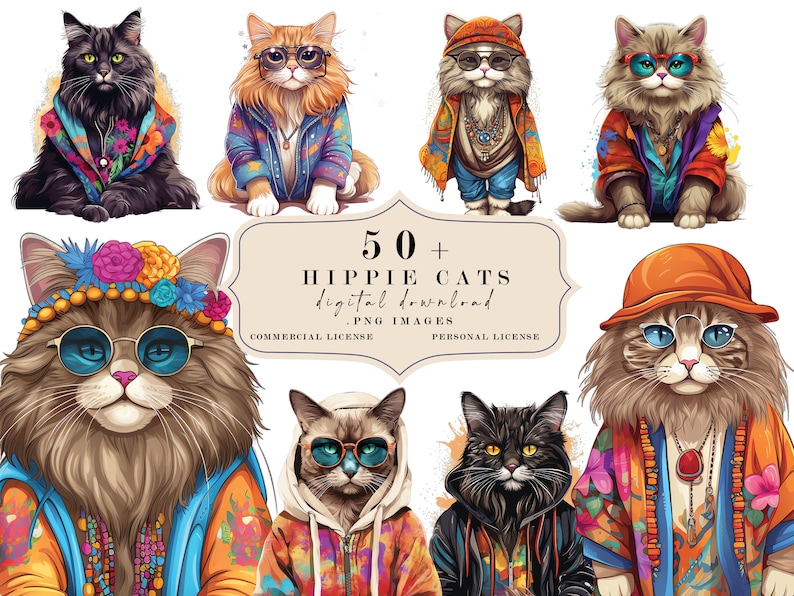 Hipster Cat Clipart, Funny Cats, Cool Cat, Cat in Glasses, Hippie Cat ...