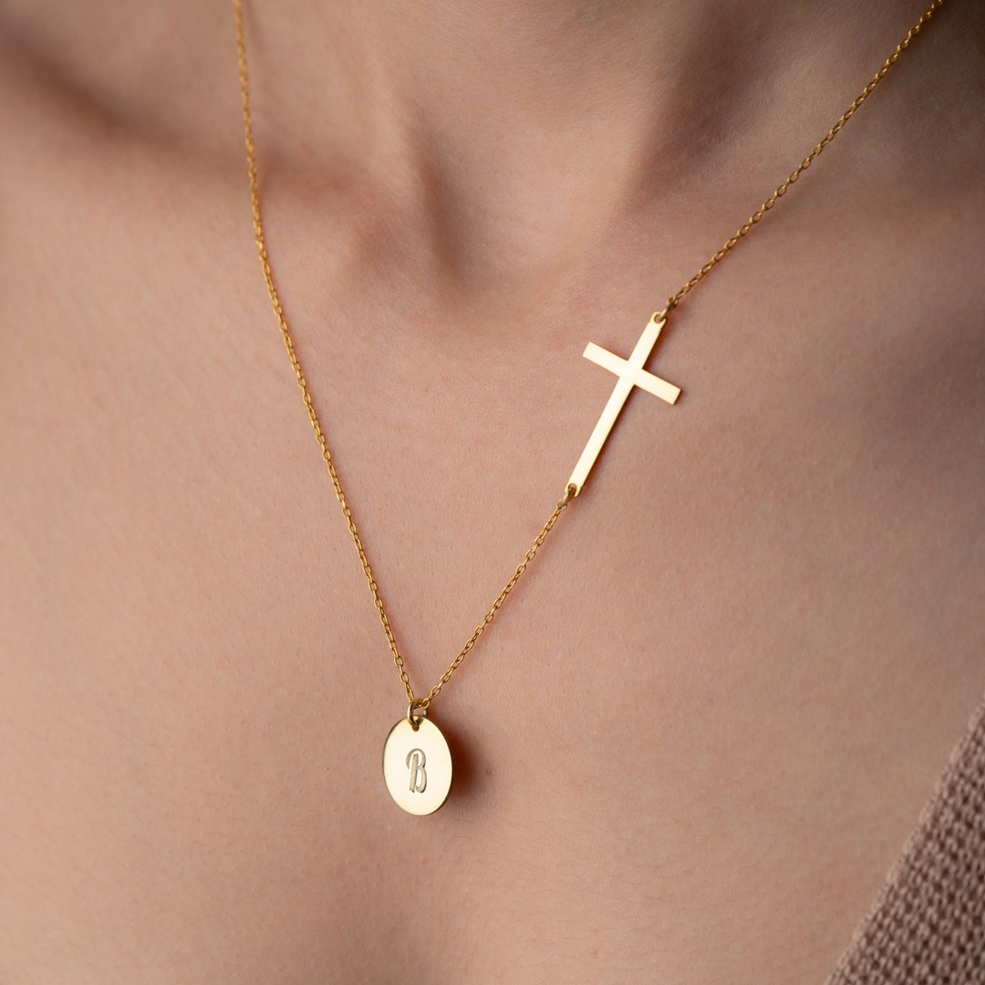 Silver Sideways Cross With Initial Coin, Coin Necklace With Sideways ...