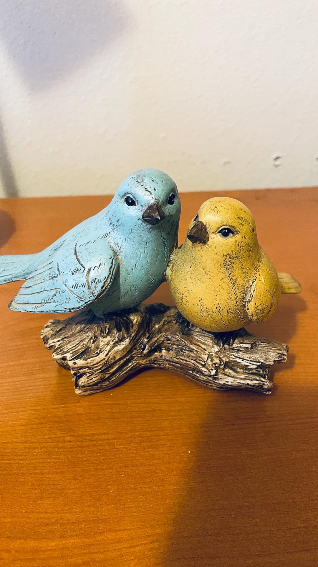 Resin Blue & Yellow Bird Figurines Sitting on Wood Log 7 Tail to Tail X ...