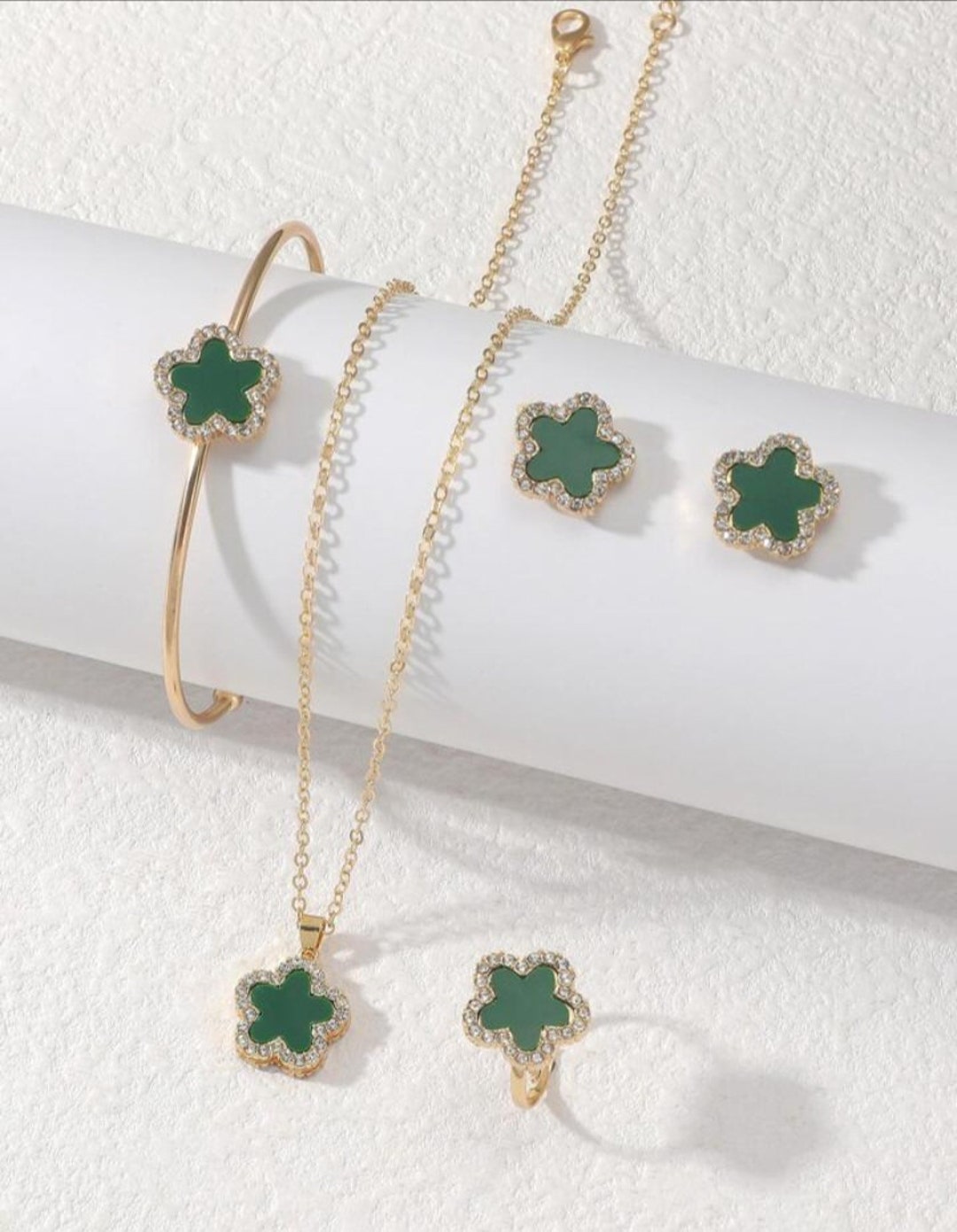 Four Leaf Clover. Jewellery Set for Women 18K Gold Plated Green Pendant ...