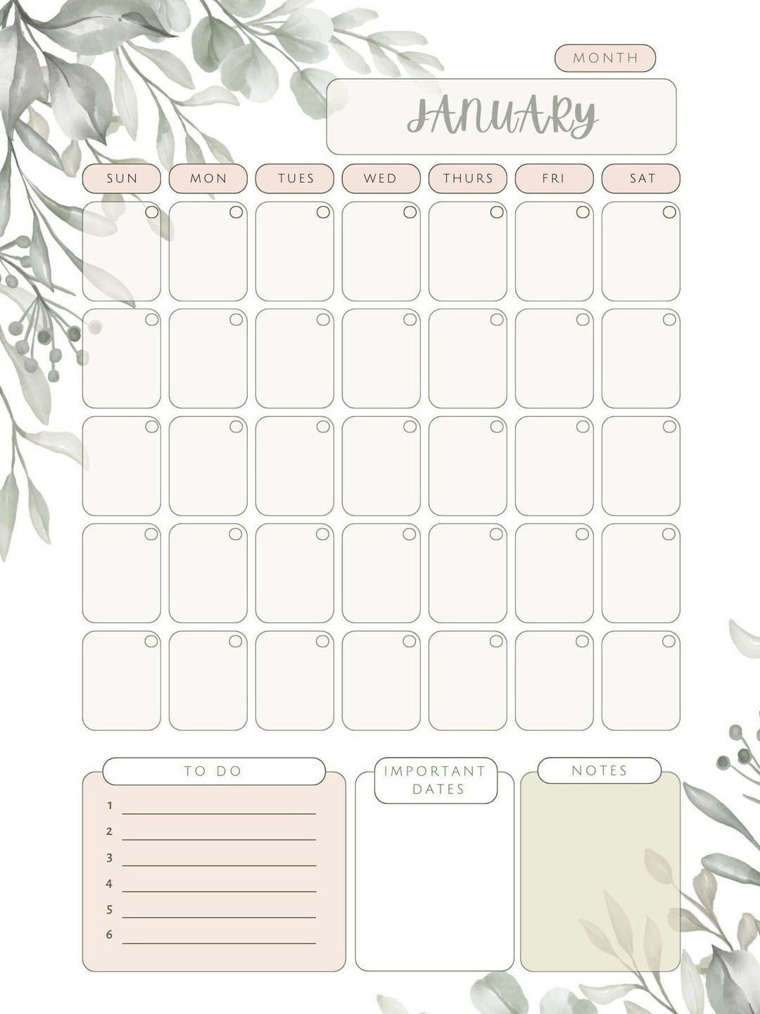Greenery and Floral Calendar - Etsy