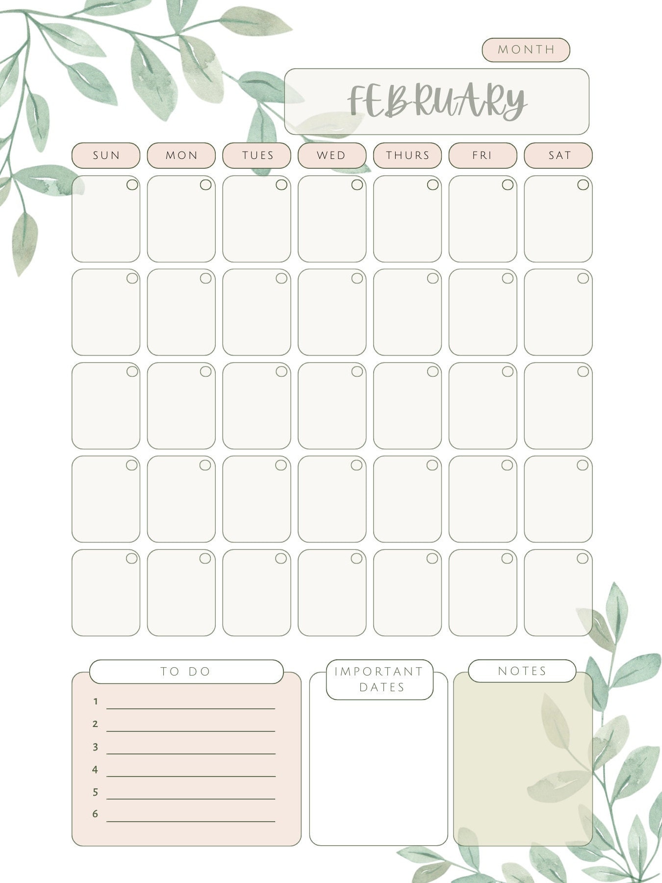 Greenery and Floral Calendar - Etsy