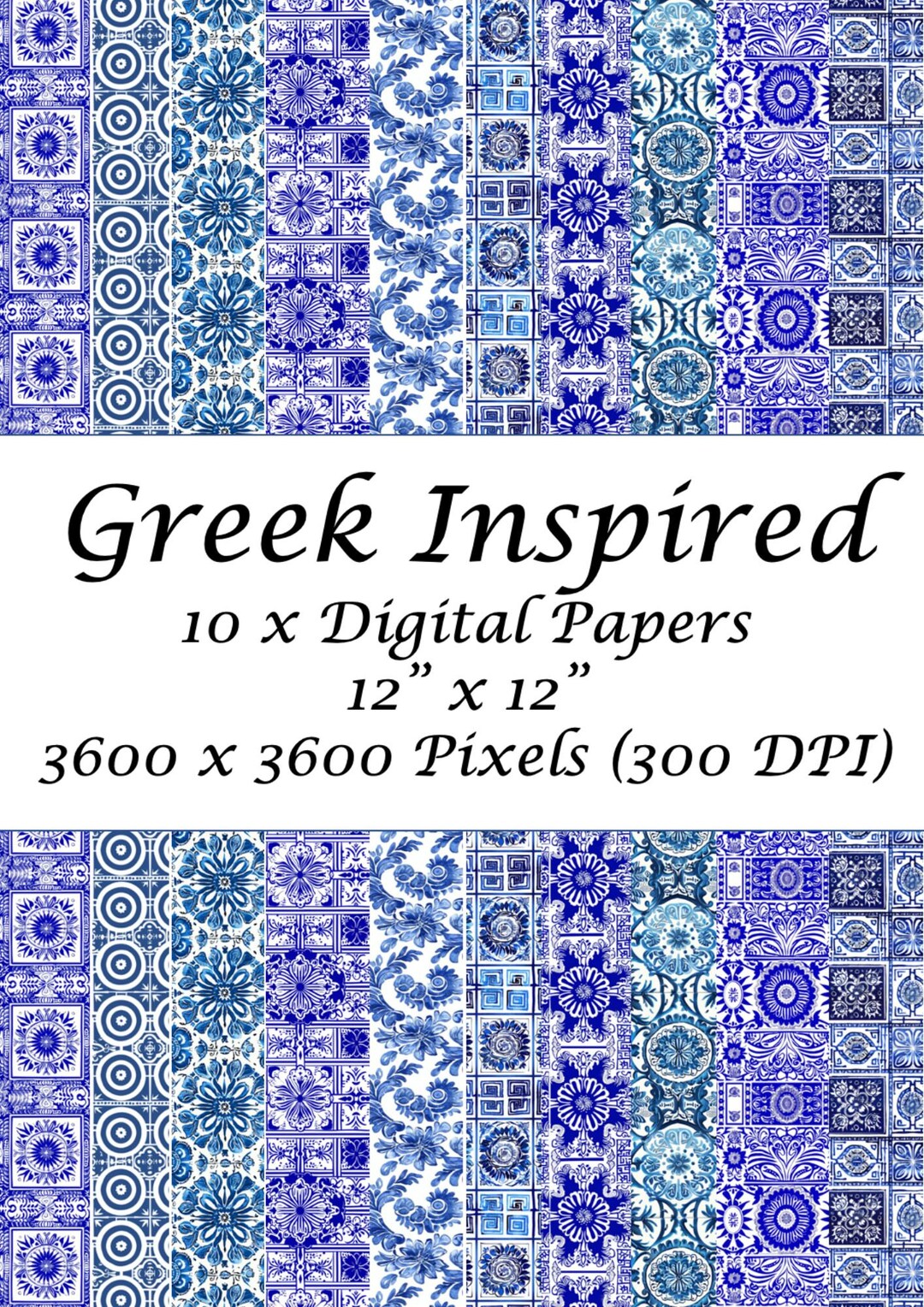 10 X Greek-inspired Designs, Blue & White, High Quality JPG Format, 12 ...