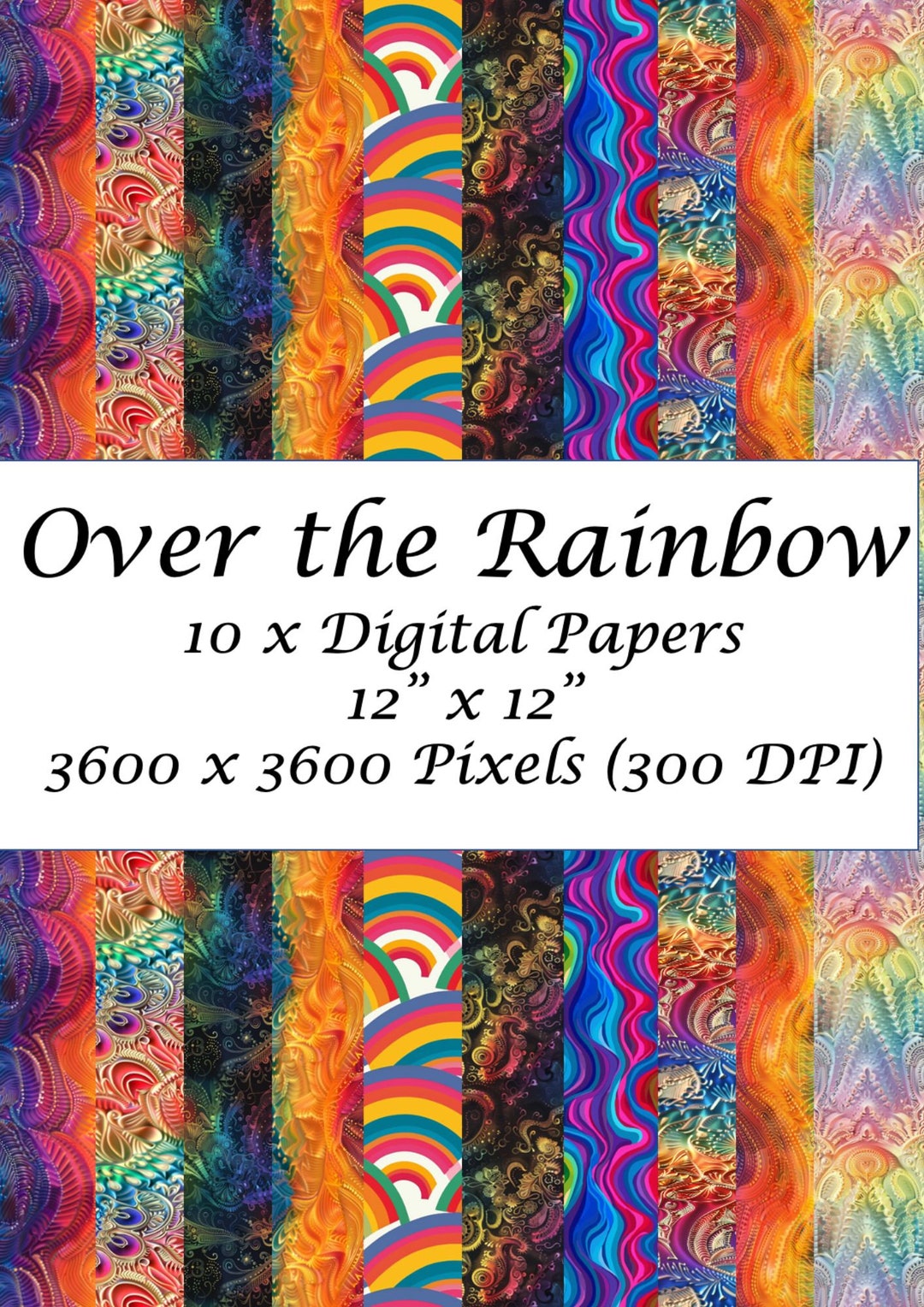 10 X Rainbow Digital Craft Paper Pack, High Quality JPG Format, 12” X ...