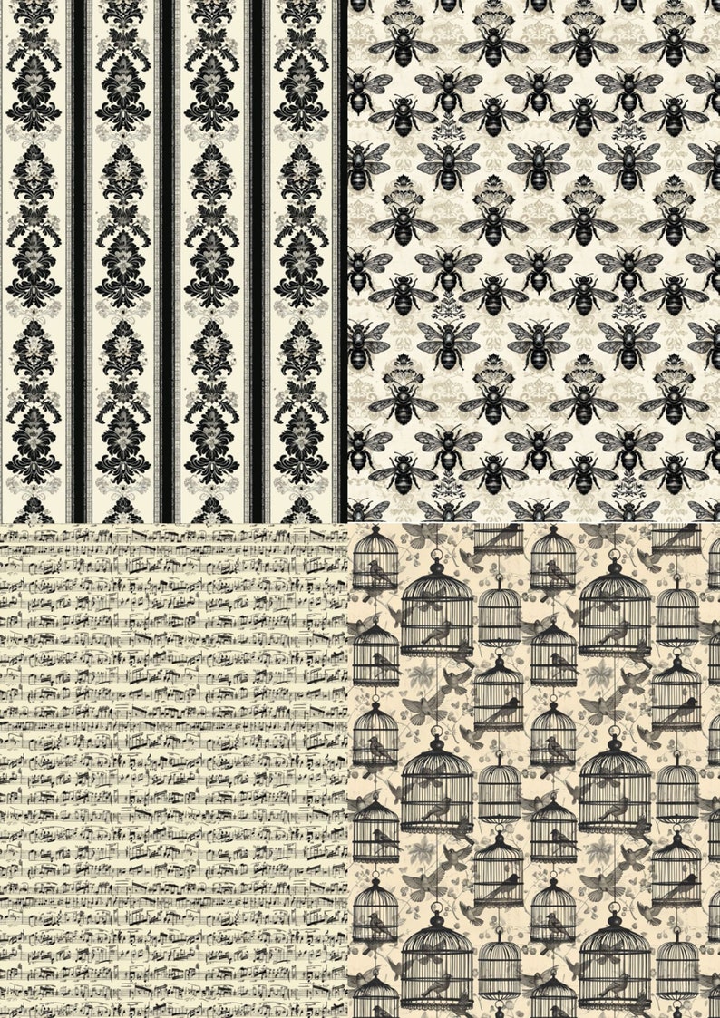 20 X Vintage Antique Digital Craft Paper Pack in Balck and Cream, JPG ...
