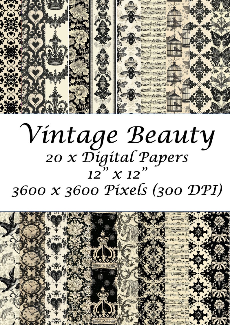 20 X Vintage Antique Digital Craft Paper Pack in Balck and Cream, JPG ...