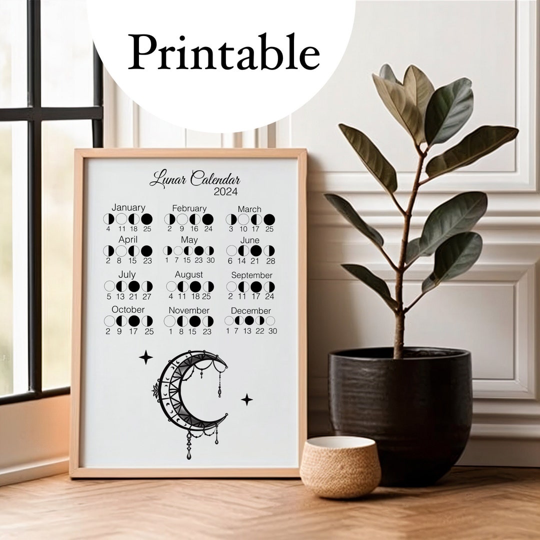 Moon Phases Printable Wall Art, 2024 Lunar Calendar With Main Moon ...