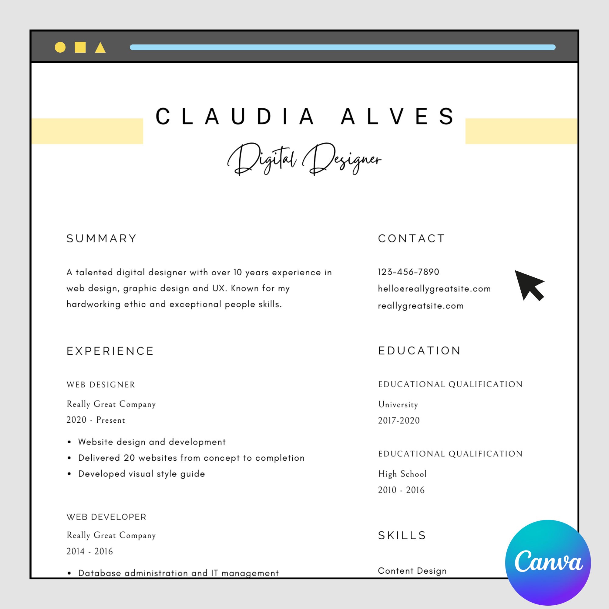 Curriculum Vitae Editable Basic Resume Template CV Canva Stencil ...