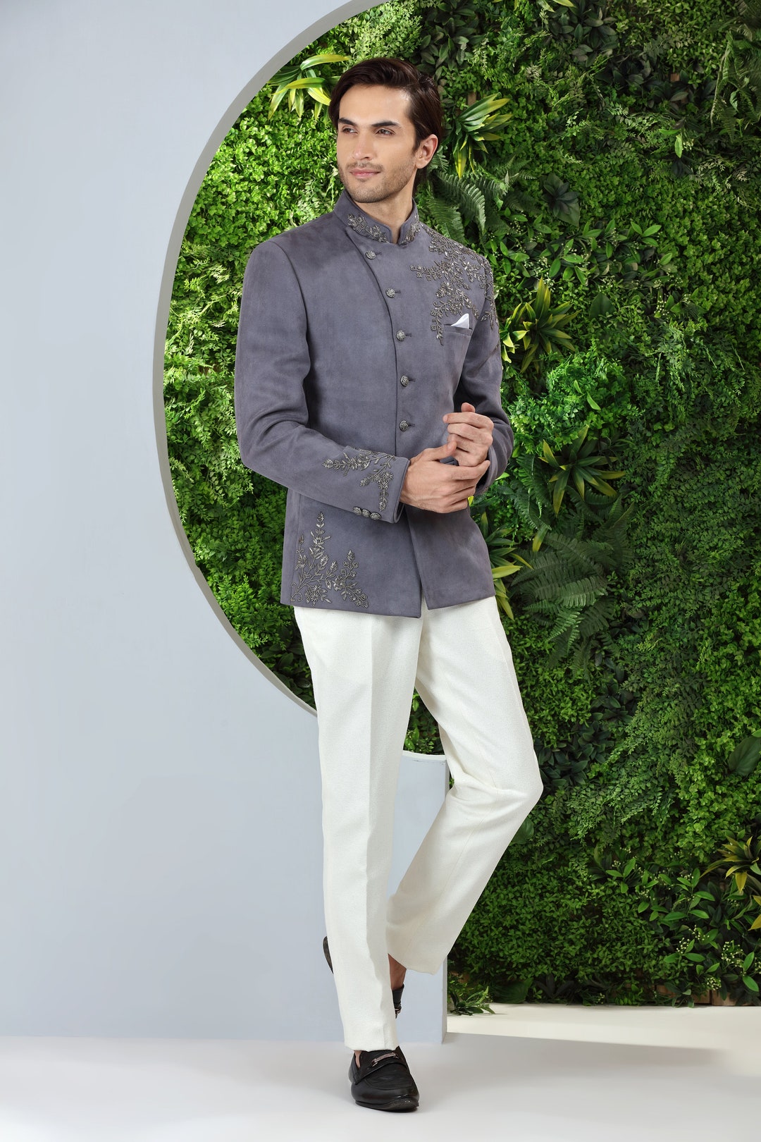 Grey Sued Velvet Fabric Jodhpuri for Mens, Nehru Jacket, Modi Jacket ...