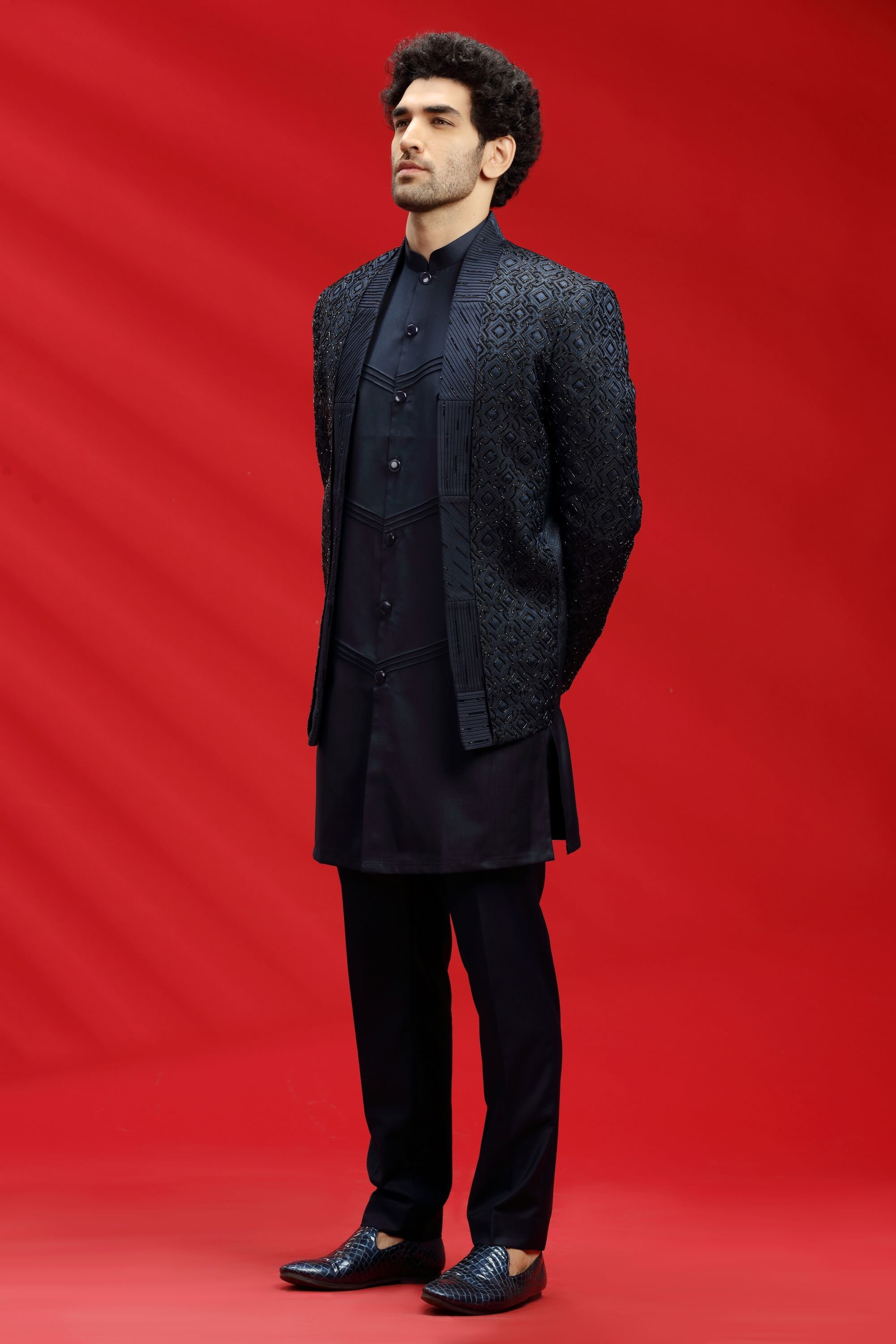 Navy Jacquard Jodhpuri Suit for Men: Embroidered Nehru Jacket - Etsy