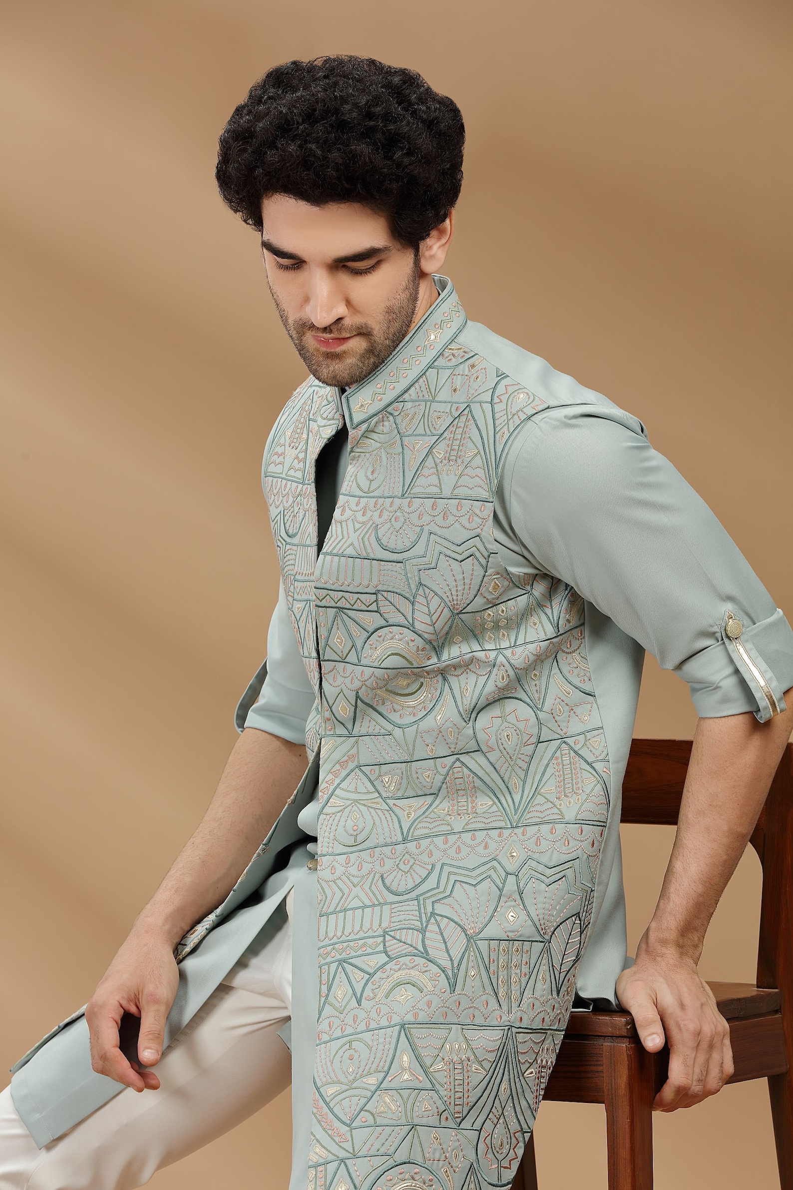 Pista Color Suiting Fabric Mens Kurta Set With Waistcoat, Nehru Jacket ...