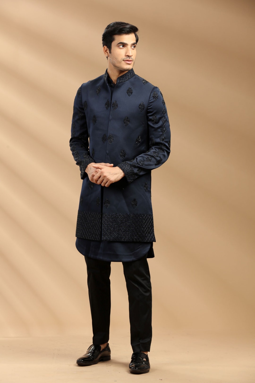 Navy Blue Embroidered Kurta Set With Waistcoat & Aligadi Pajama - Etsy