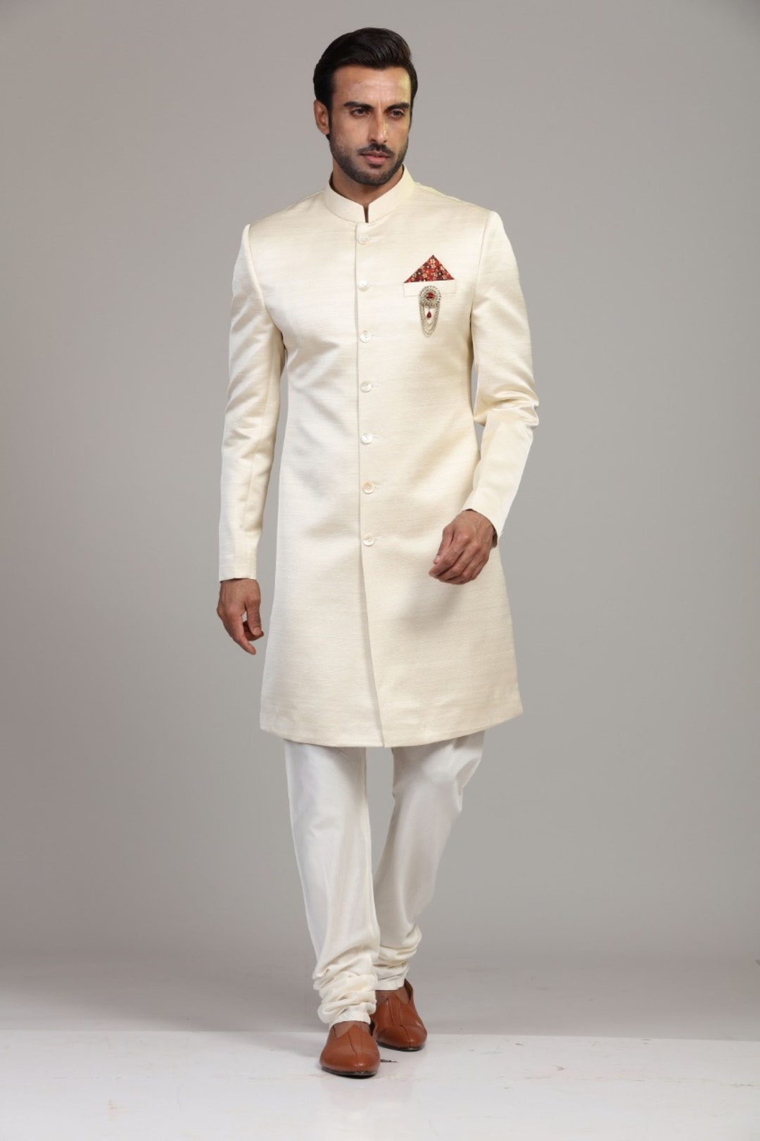 Ivory Cream Classic Sherwani Set for Wedding Royal Look for Men & Boys ...