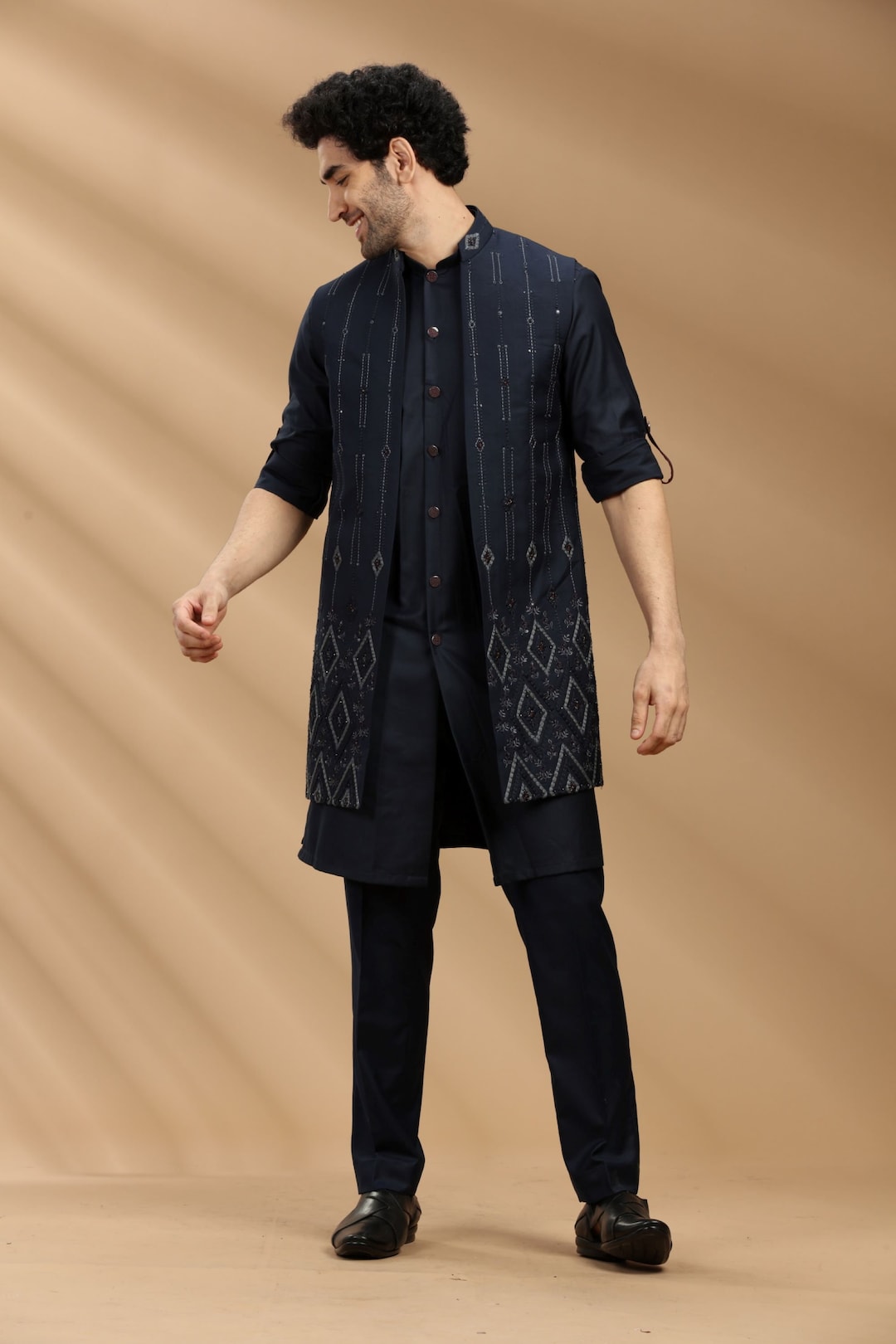 Navy Blue Color Suiting Fabric Mens Kurta Set With Waistcoat, Nehru ...