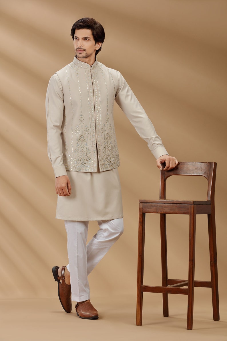 Beign Color Silk Fabric Mens Kurta Set With Waistcoat, Nehru Jacket ...