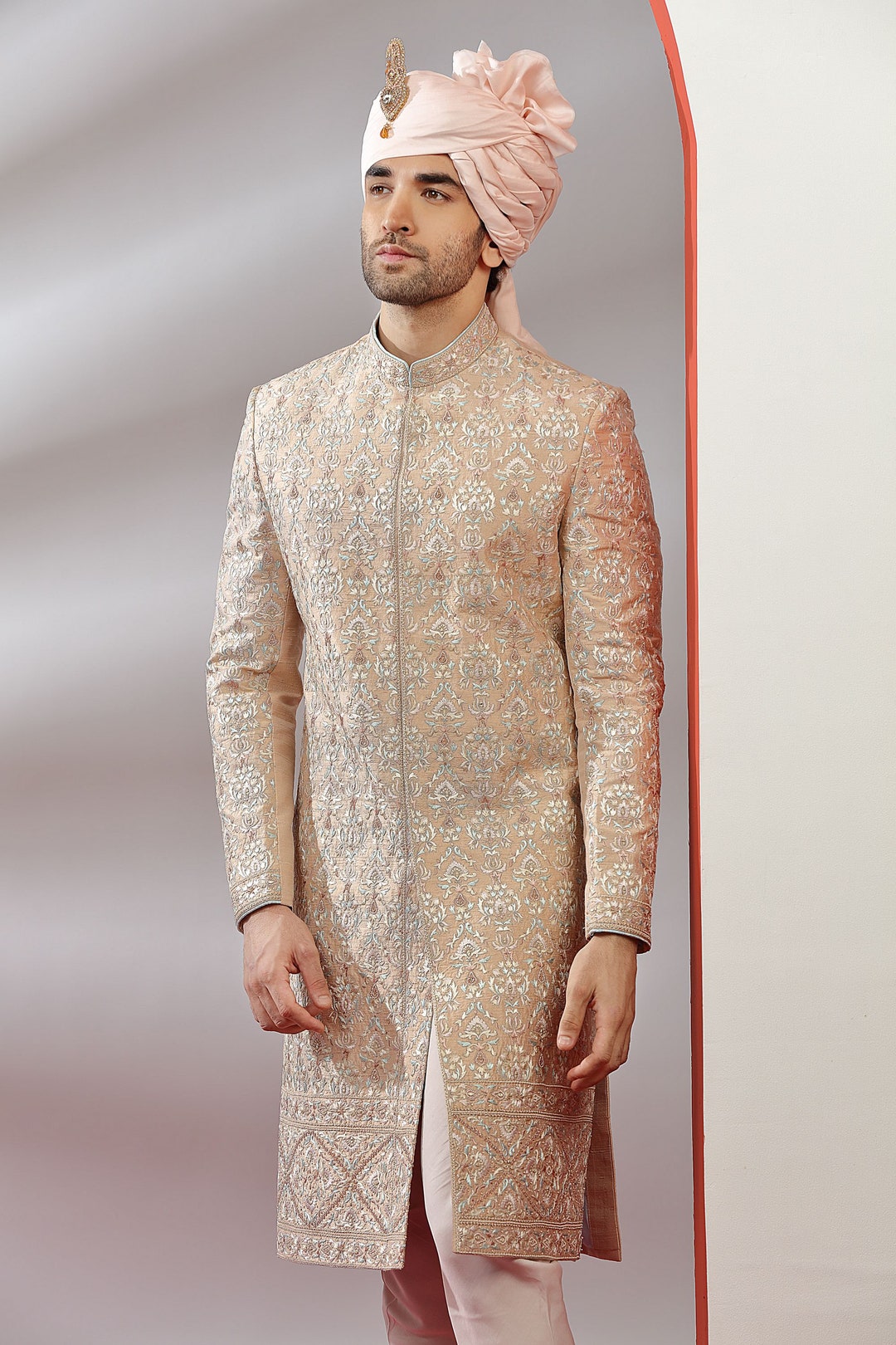Peach Embroidered Silk Sherwani Set: Men's Wedding Achkan - Etsy