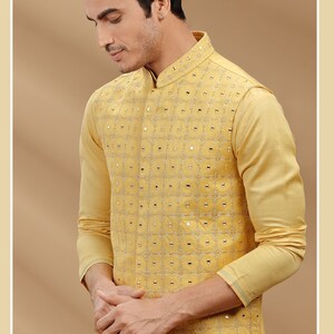 Haldi Yellow Color Art Slik Fabric Mens Kurta Set With Waistcoat, Nehru ...