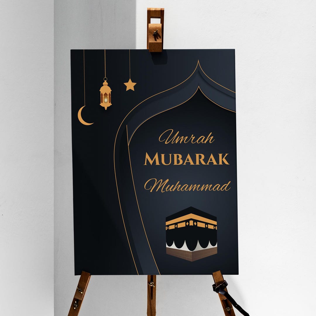 Luxurious Black and Gold Umrah Mubarak Sign – Personalized Islamic Gift ...