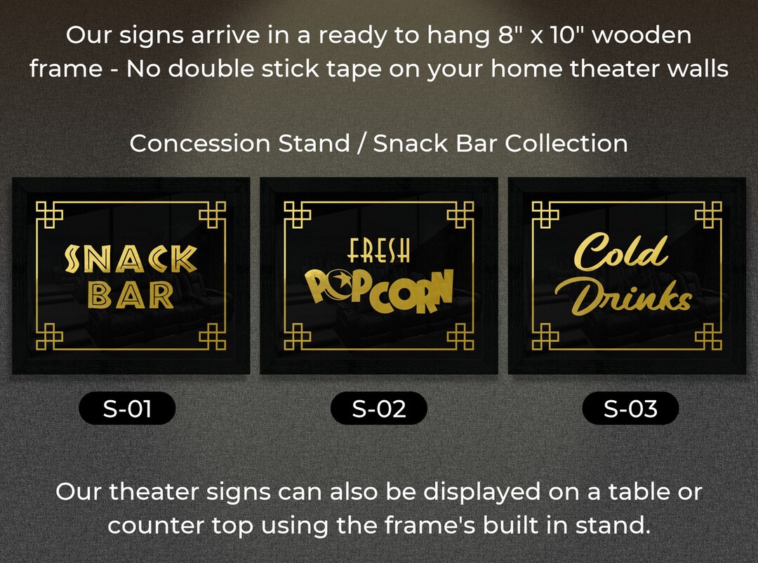 Framed 8" X 10" Home Theater / Cinema Sign - Snack Bar, Cold Drinks, or ...