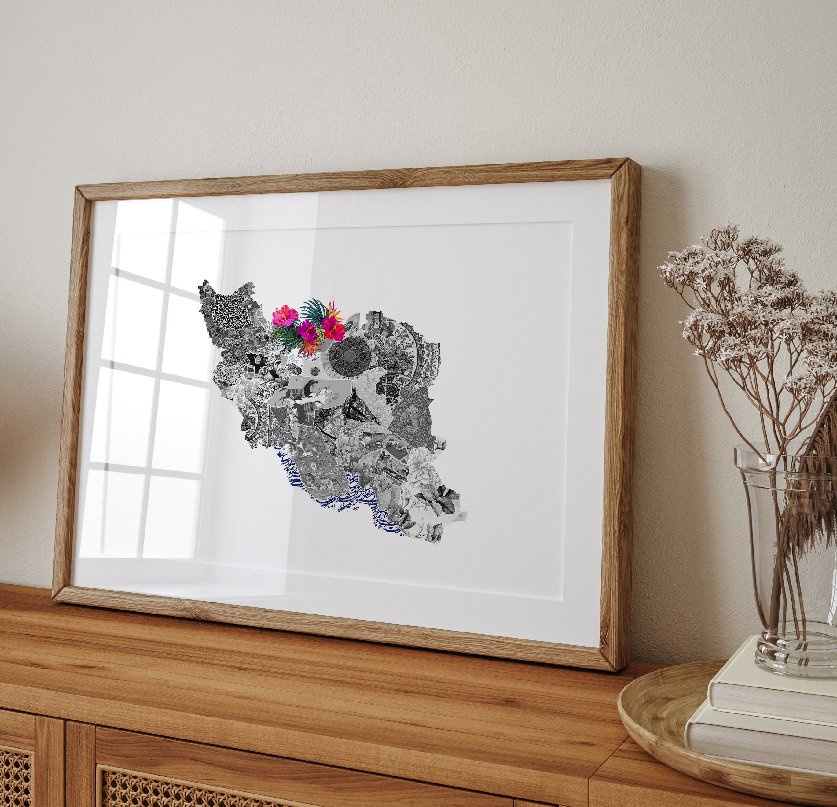Iran Map Art Print: Persian Calligraphy, Historical Details (digital ...