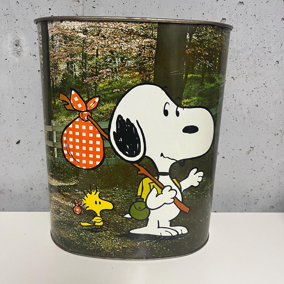 Vintage Snoopy Charlie Brown Woodstock Peanuts Metal Trash Can Cheinco ...