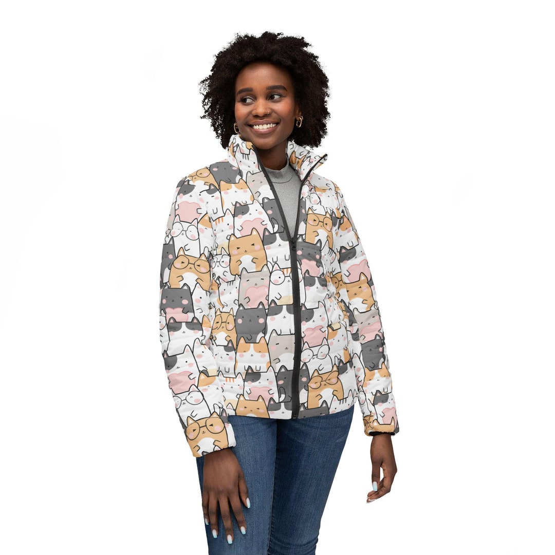 Cat Lovers Puffer Jacket, Kitty Print Winter Coat, Animal Lover ...