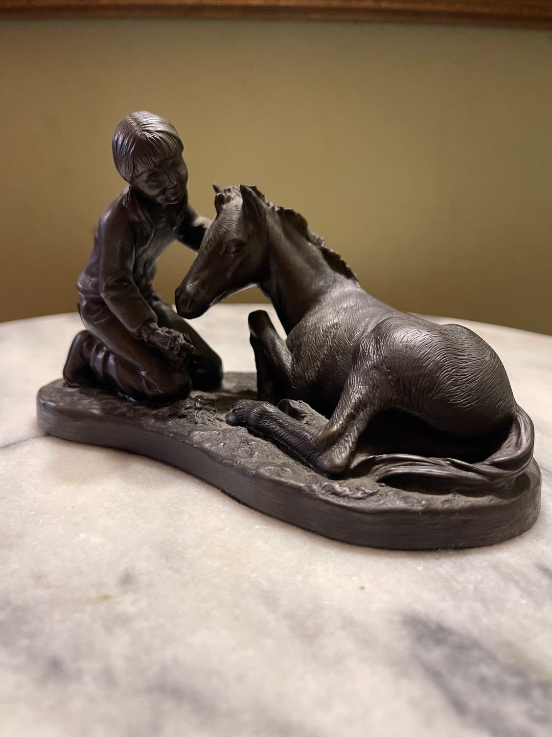 Heavy Table Top Statue of a Girl Feeding Her Foal by Artist P Paraons ...