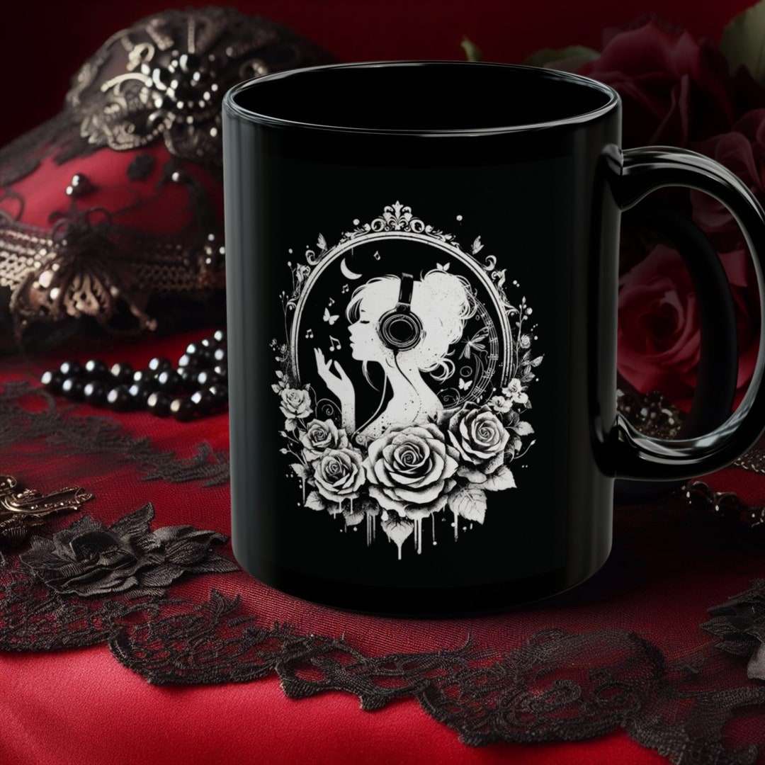 Romantic Floral Female Silhouette Gothic Mug Gift for Her, Music Lover ...