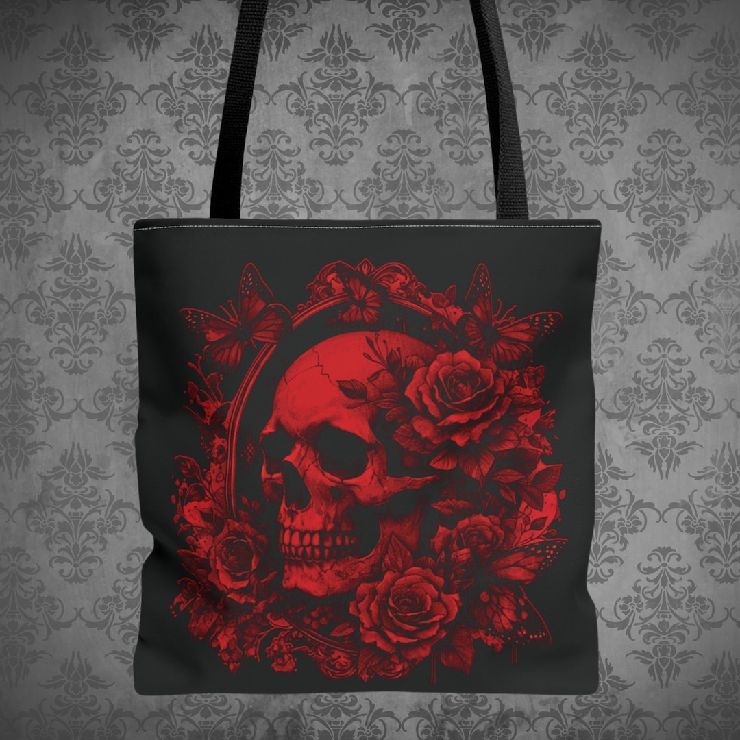 Floral Skull Gothic Tote Bag Black and Red Aesthetic Gothic Bag ...