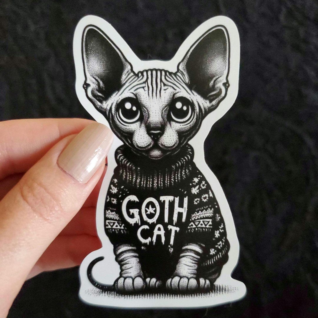 Sphynx Goth Cat Sticker - Cute and Waterproof Decal for Water Bottles ...