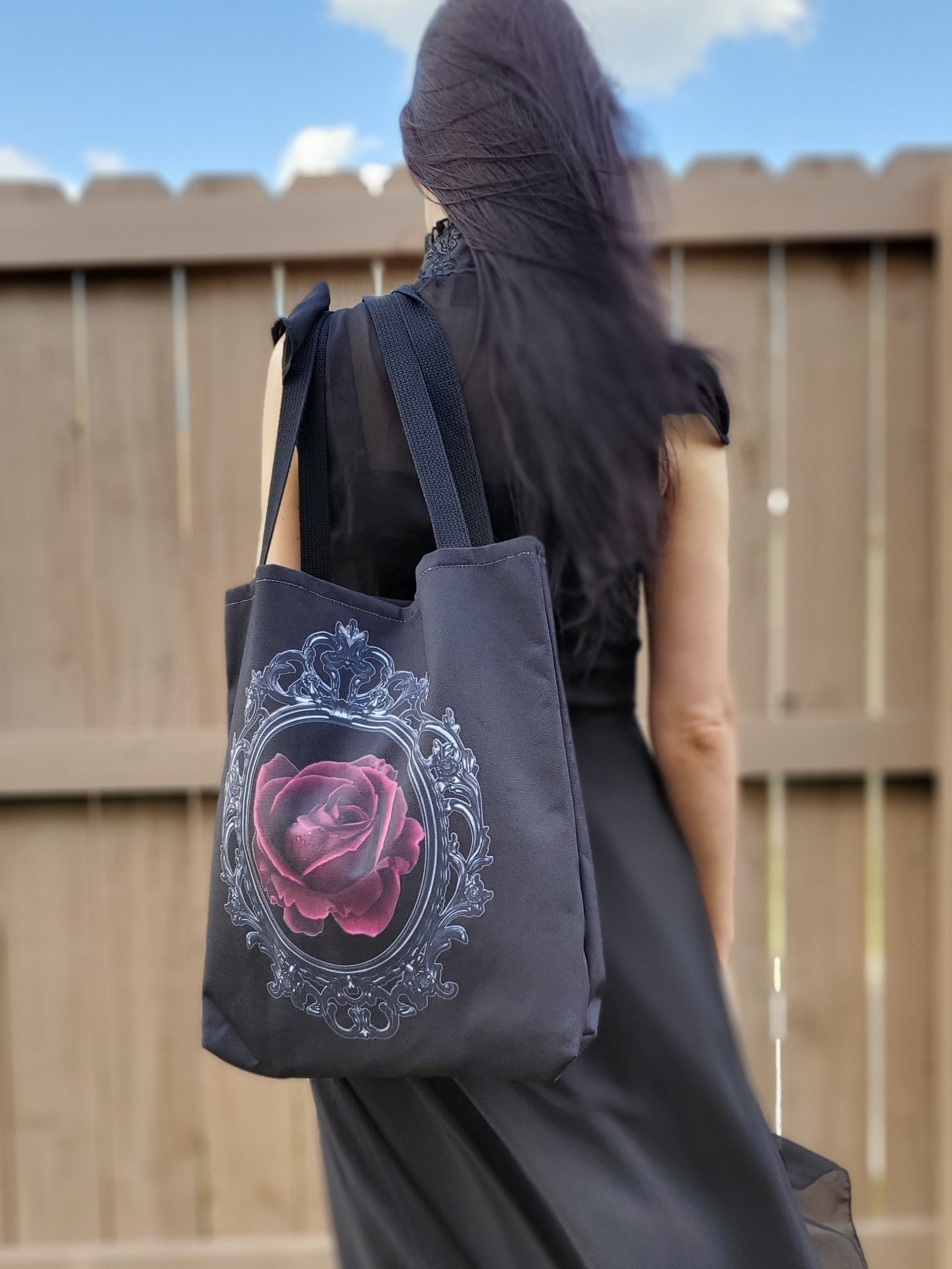 Gothic Rose Tote Bag Aesthetic Goth Bag Shoulder Bag Floral Tote Bag ...