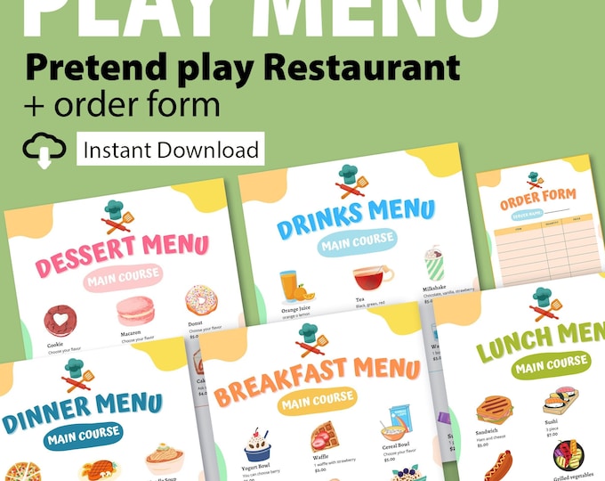 Pretend Play Restaurant Menu Printable, Kids Kitchen Play Menus, Kids ...