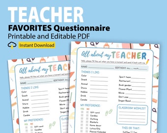 Teacher Favorite Things List, Printable All About the Teacher ...