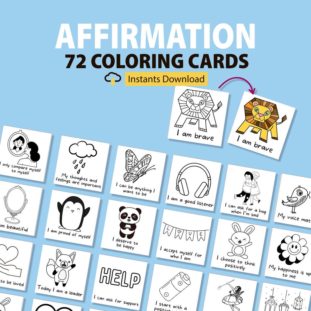 Kids Coloring Affirmation Cards, Positive Growth Mindset, Mini Kindness ...