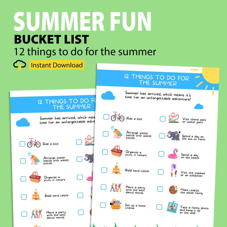 Summer Bucket List, Printable Activity for Kids, Summer Games, Fun ...
