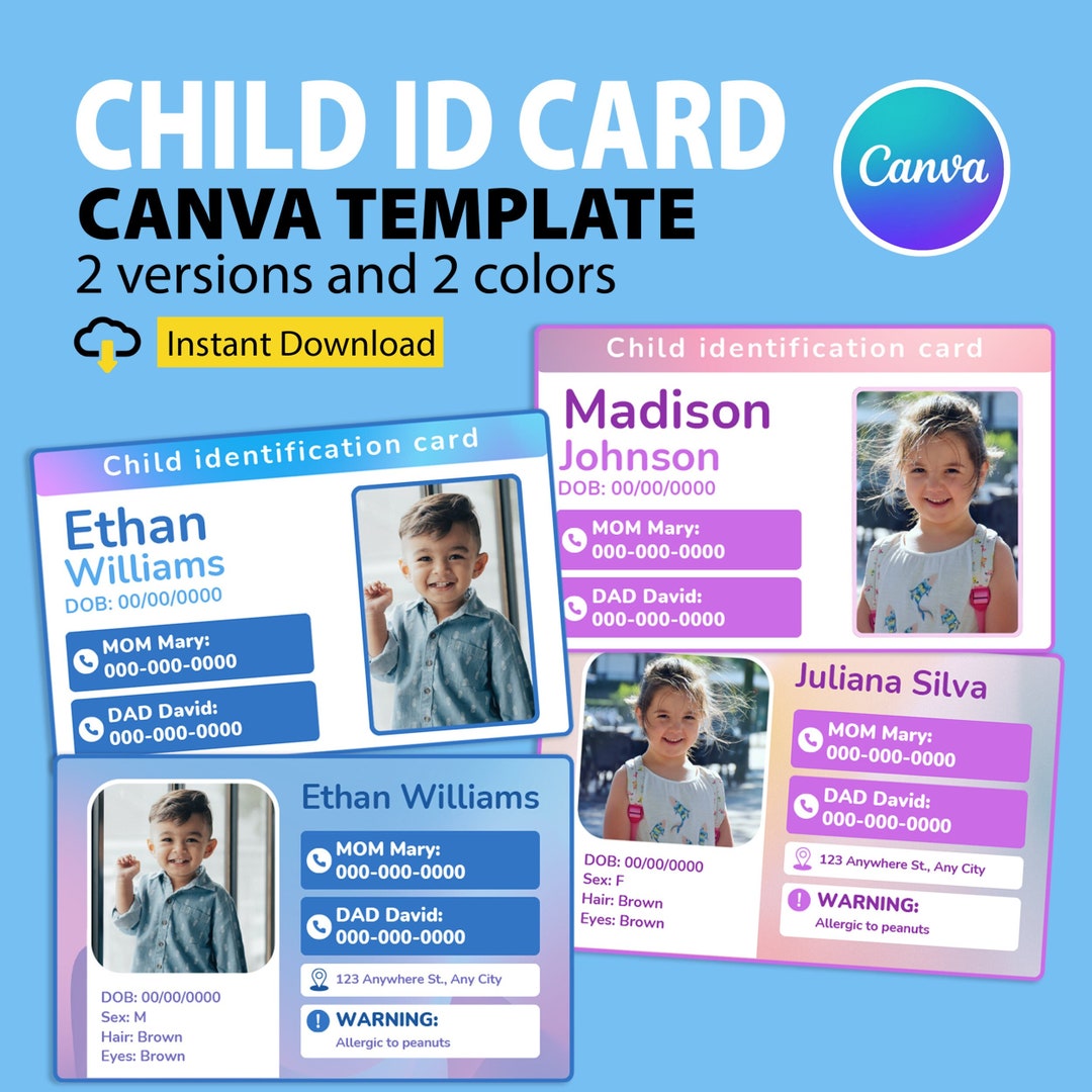 Child ID Card Printable and Editable Canva Template, Kid Custom ID Card Template, ID Card for ...