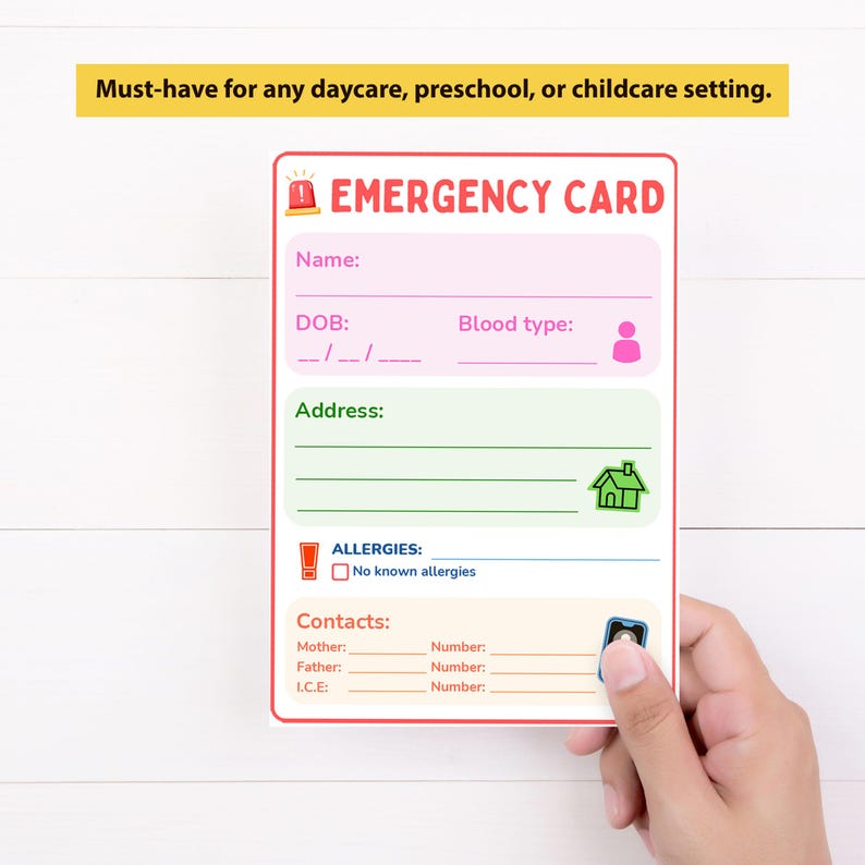 Daycare Emergency Card Printable: Childcare Forms (PDF Download A4 ...
