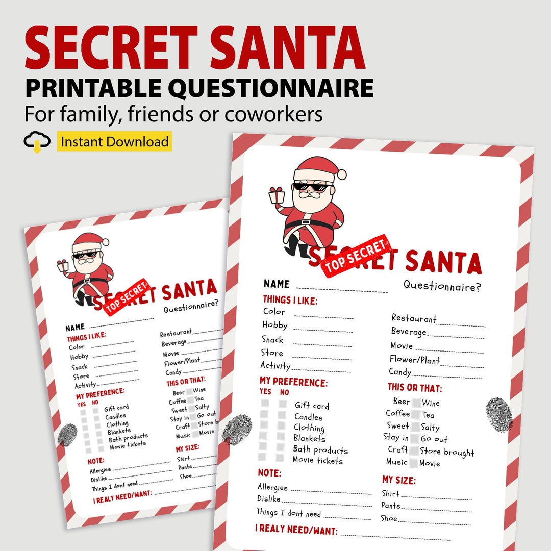 Secret Santa Questionnaire, Printable and Editable Files, Secret Santa ...