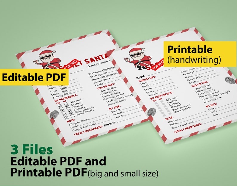 Secret Santa Questionnaire Printable and Editable Files - Etsy