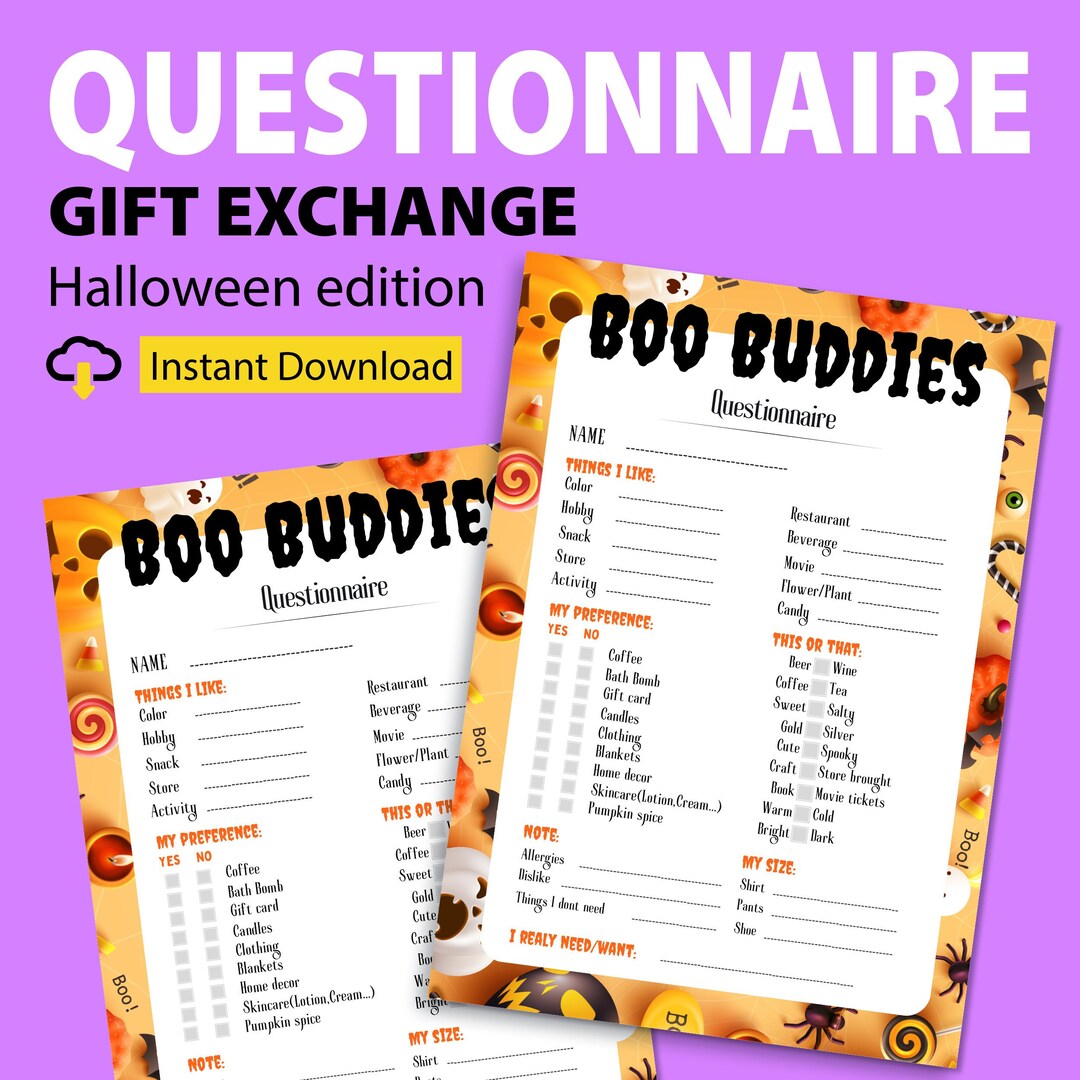 Boo Buddies Questionnaire for Halloween Theme Gift Exchange Printable ...