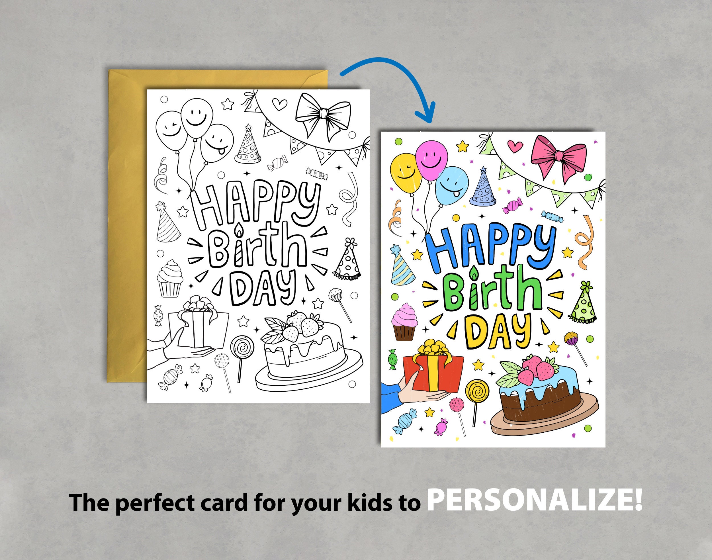 PRINTABLE Happy Birthday Coloring Card, Greeting Birthday Card Instant ...