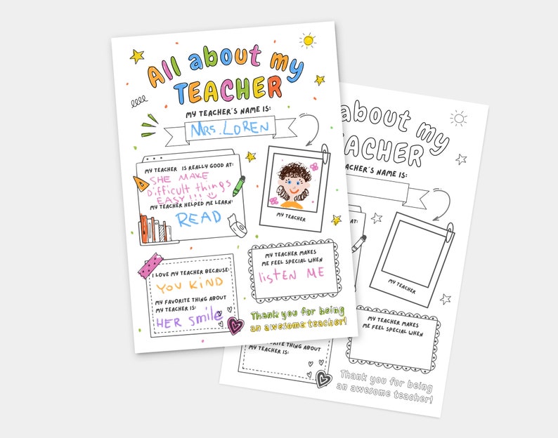 All About My Teacher Printable: Teacher Appreciation Worksheet (A4/US ...